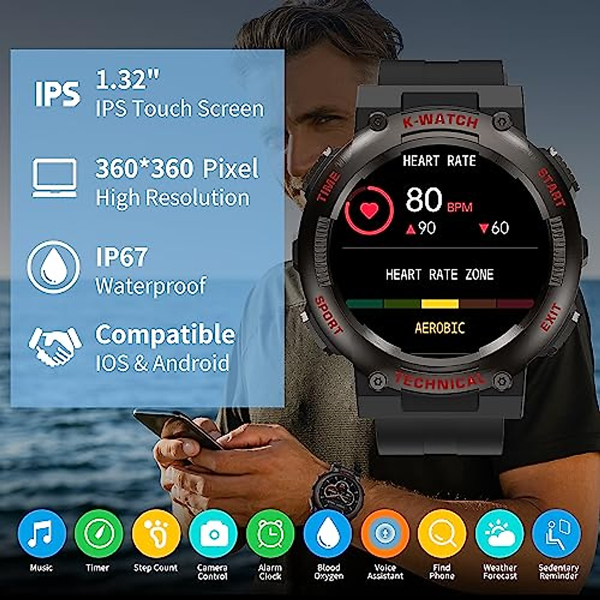Kingstar Smart Watches for Men - 1.32" Full Touch Smart Watch for Android iPhone | IP67 Waterproof Fitness Tracker Outdoor Bluetooth Watch with Heart Rate Sleep Monitor AI Voice (Answer/Dial Calls)