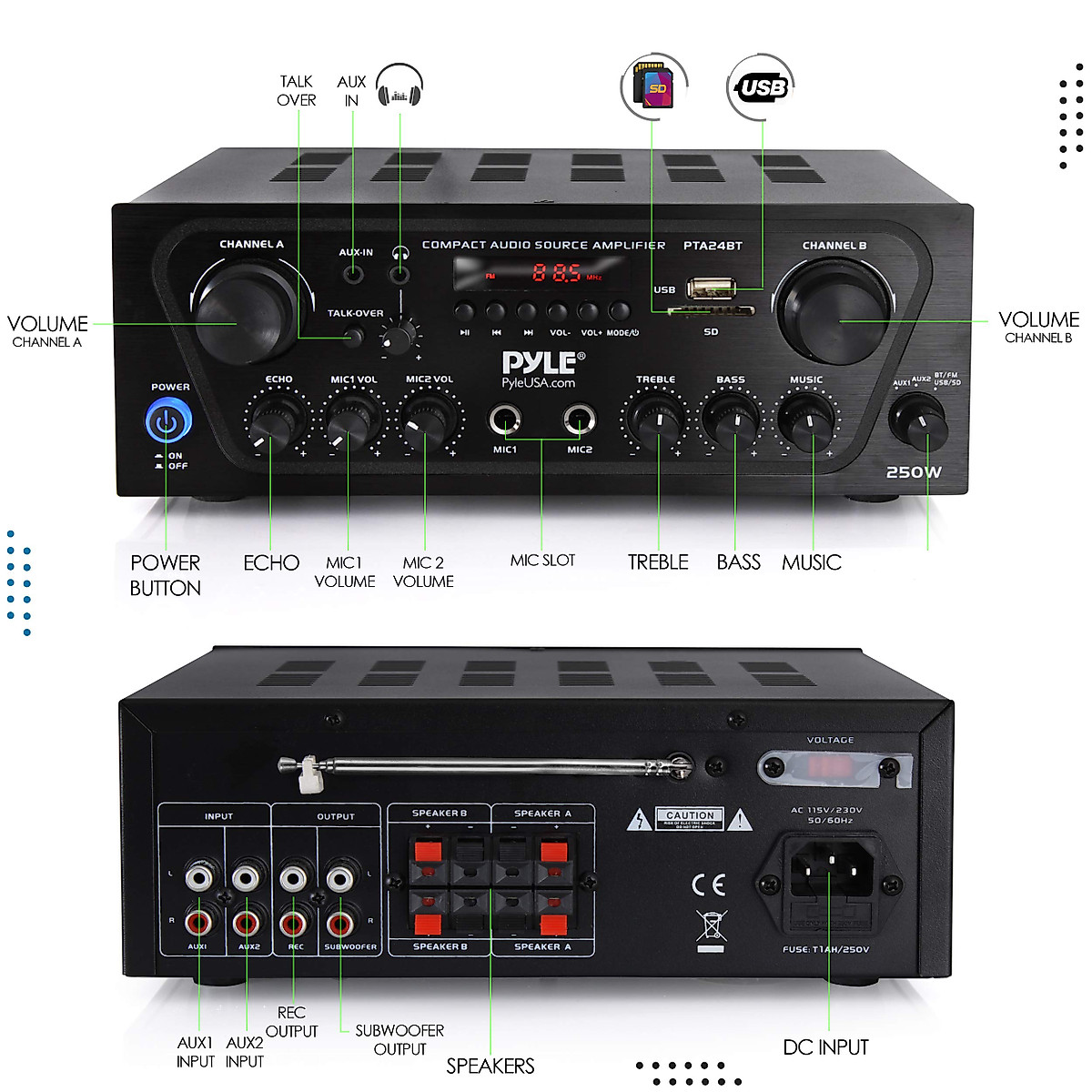 Pyle -Upgraded- 2 Channel Karaoke Home Audio Amplifier w/Bluetooth for Streaming, AUX-in, USB, 2 Microphone Input w/Echo Effect, Talkover for PA, Compact Footprint, Black