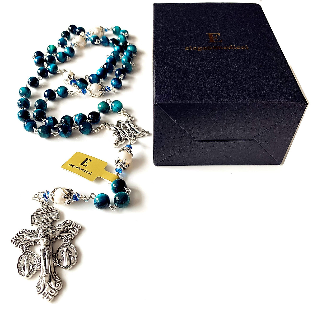 elegantmedical HANDMADE Peacock Blue Tiger Eye Prayer Beads & (AAA) 10mm real Pearl sterling silver beads caps Catholic Rosary Necklace Gift Box Italy Parden Crucifix