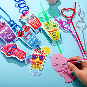 Valentines Day Cards, 32 Pack Crazy Straws Bulk, Silly Straws for Kids Colorful Valentine Exchange Cards Loop Reusable Drinking Straws Valentine Gifts for Classroom Boys Girl School Party Game Favor