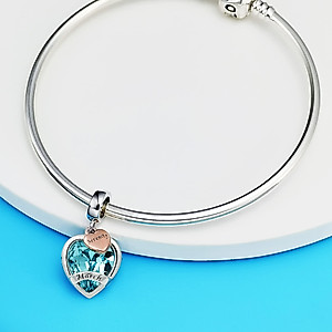 AMATOLOVE March Blue Birthstone Charms for Bracelets Rose Gold Heart Dangle Serenity Charm for Women Birthday Christmas Gifts