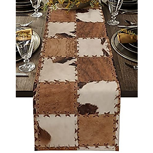 Western Style Cowhide Leather Animal Hair Vintage Splicing Grid Table Runner Dresser Scarves, 13x36In Non-Slip Table Dress Scarf Wildlife Kitchen Dinner Tables Decor for Dining Room/Banquet/Party