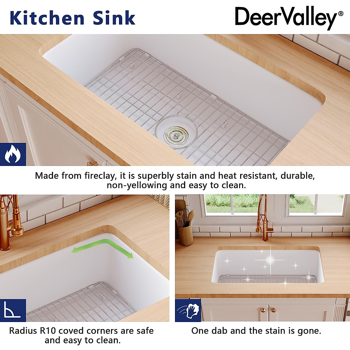 Undermount Kitchen Sink, DeerValley DV-1K513 Glen 30" L x 20" W White Single Bowl Kitchen Sink Fireclay Undermount Sink with Sink Grid and Basket Strainer