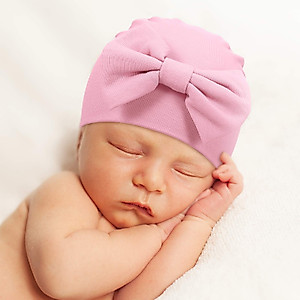 Geyoga 6 Pcs Newborn Hats Baby Beanie Cotton Hats Soft Newborn Baby Cap with Cute Bow for 0-6 Months Girls Unisex Baby(Classic Colors)