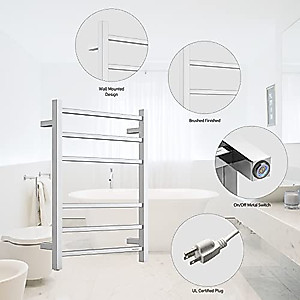 SHARNDY Towel Warmer Brushed Nickel for Bathroom Wall Mounted Bath Towel Heater Plug-in Electric Heated Towel Rack Stainless Steel Square 6 Bars Drying Rack ETW13C 68W 26.77x20.47x4.13 inches