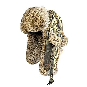 100% Real Rabbit Fur Winter Trapper Hat for Men Women Russian Fur Ushanka Aviator Hat Mens Trapper Hat with Ear Flaps Camo Brown