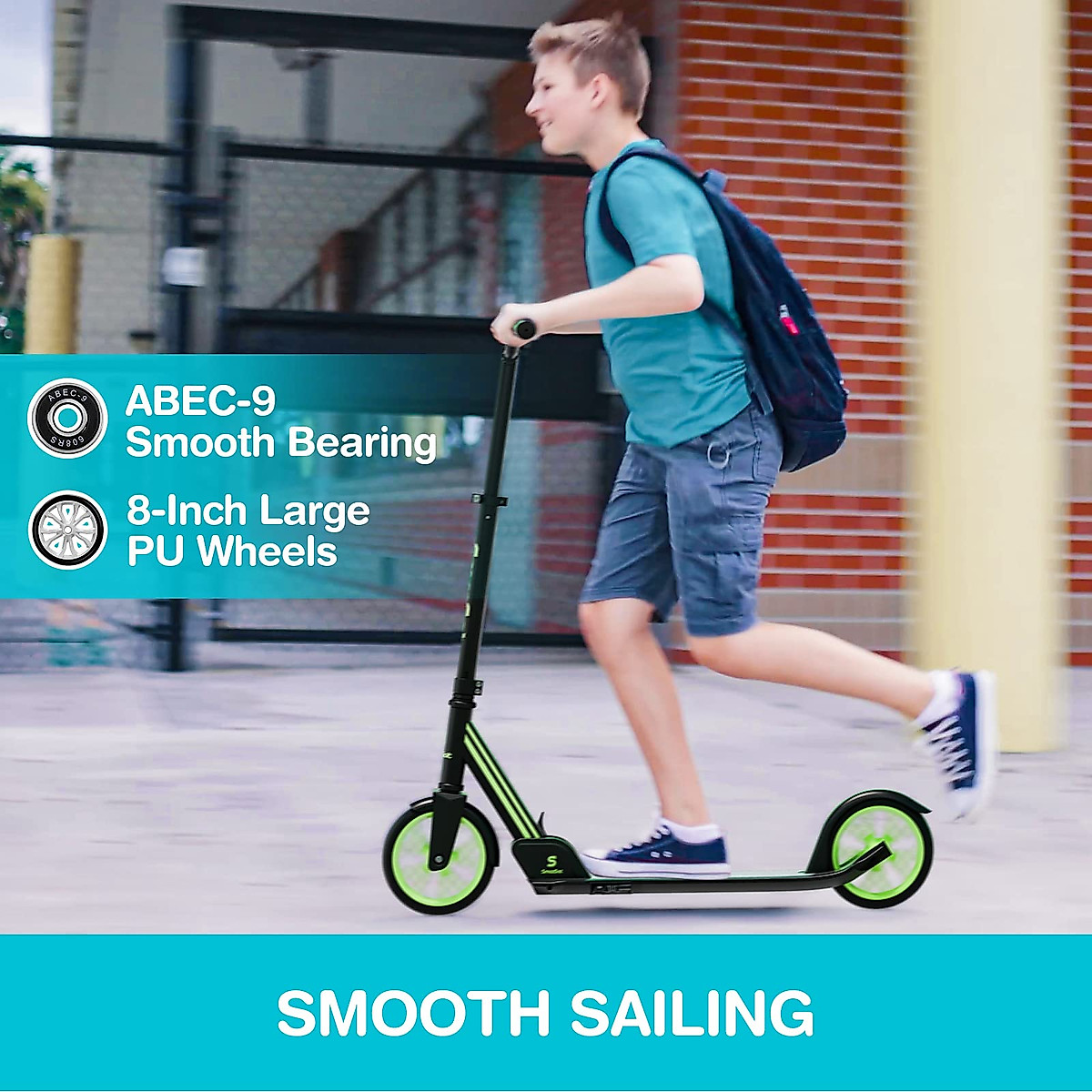 SmooSat S8 Kick Scooter for Kids Ages 8+, Teens & Adults, Super Smooth Ride, Up to 220 lbs, Adjustable Height, Ergonomic Y-Type Handlebar, Ideal Gift