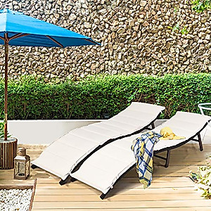 Tangkula Set of 2 Patio Chaise, Foldable Outdoor Patio Wicker Lounger Chair, with Double-Sided Cushions, Suitable for Poolside Garden Lawn Backyard Deck and Sunroom