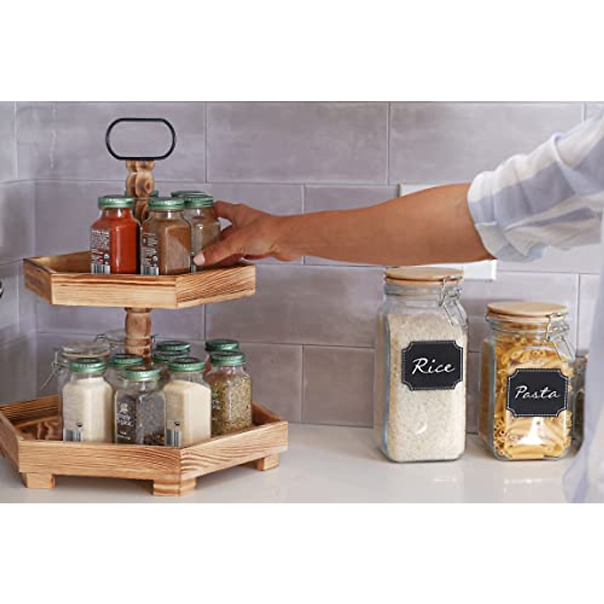 Farmhouse Tiered Tray - Two Tier Tray in Rustic Wood for Kitchen Counter, Wooden Serving Tray, Cupcake Stand, Coffee Bar and Food Display