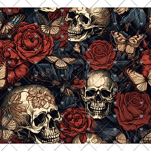 Skull Rose Butterfly Tumbler Sublimation Wrap - Ready to Press Sublimation Transfer - 20 oz Straight Tumbler Wrap, Roses, Skulls, Gothic