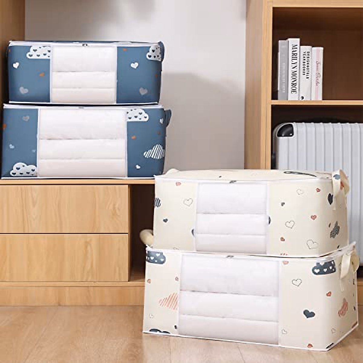 ZOEGA Large Storage Bags, 4-piece Clothes box Foldable Closet Organizer Container with Durable Handle Thick Fabric used for Clothes, Blankets, Comforters, Bed Sheets, Beige cyan, (qianyi-001)