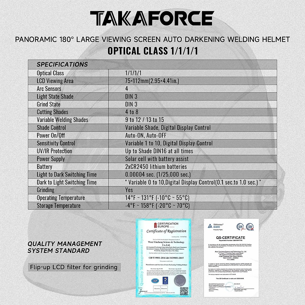 TAKAFORCE Auto Darkening Welding Helmet with Large 180° Panoramic Viewing Screen, Side View, True Color, Highest Optical Class 1/1/1/1, 4 Arc Sensor, 9-12/13-15 Variable Welding Shades,Flip Up Design.