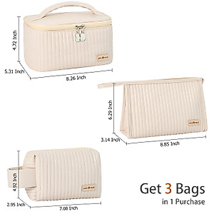 MIRASON Makeup Bag Set of 3 Cute Cosmetic Travel Bag Organizer Pouch Set for Women PU Leather Waterproof Toiletry Bag 3 Piece Set, Beige