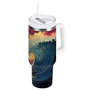 Jihqo Beach Surfer Riding Waves 40 oz Stainless Steel Vacuum Insulated Tumbler with Handle and Straw Lid, Leakproof Water Bottle Double Wall Travel Mug Coffee Cup, Cupholder Friendly