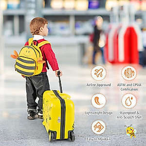 HONEY JOY 12" Bee Themed Kids Travel Backpack & 18" Hardside Suitcase with Wheels, Yellow, 2 Pcs