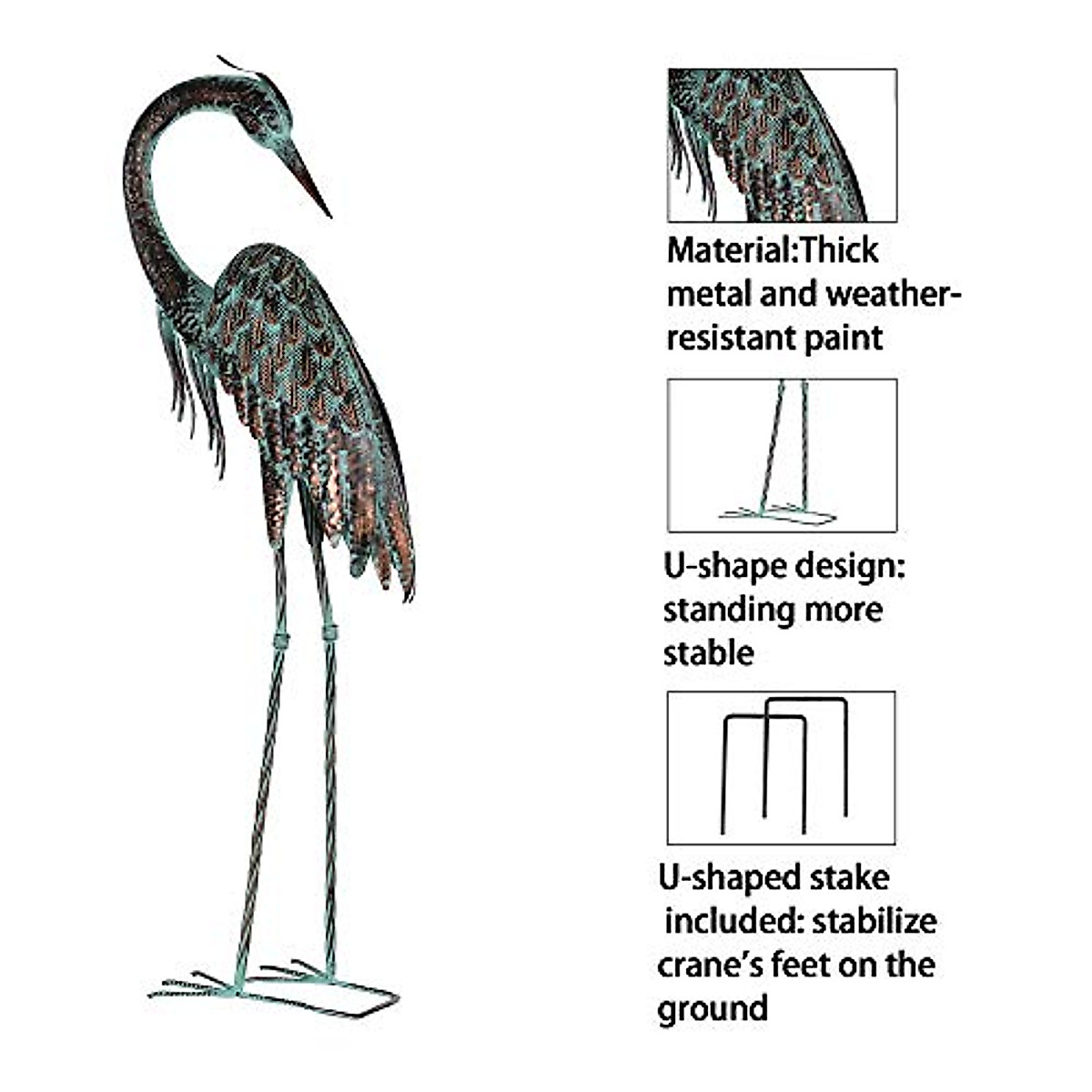 Kircust Garden Crane Statues, Standing Metal Patina Heron Decoy Outdoor Statue, 42-46 Inch Bird Yard Art for Patio Lawn Pond, Set of 2