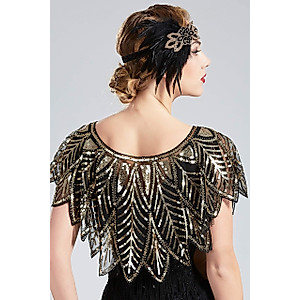 BABEYOND 1920s Shawl Wraps Sequin Beaded Evening Cape Bridal Shawl (Black Gold)