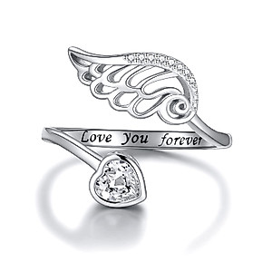Birthstone Wing Rings Sterling Silver Adjustable Feather Heart Month Stone Wrap Ring Jewelry Gift for Women Engrave Love you forever (Apr)