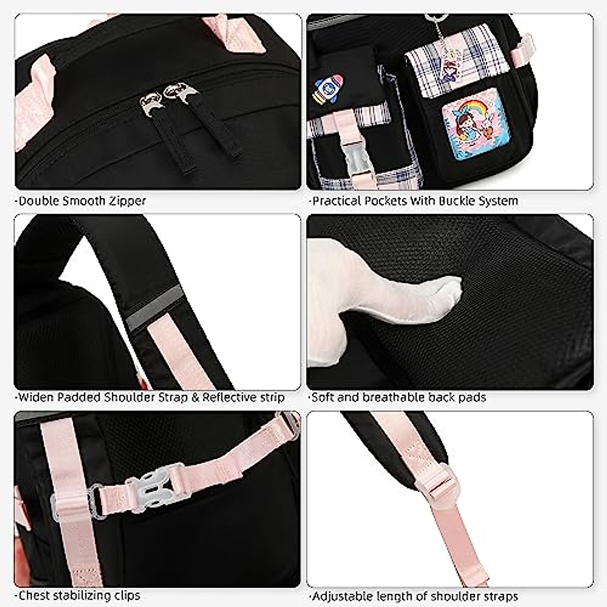 Hey Yoo Cute Backpack for School Backpack for Girls Backpack with Lunch Box Bookbag Set Kids Backpacks for Teen Girls (Black)