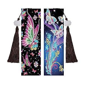 Butterfly Diamond Painting Bookmark Set - pigpigboss 2 Pieces DIY Bookmark Diamond Dots Art Crystal Butterfly Flower Diamond Painting Bookmark for Adult Kid Book Decor Art Gift