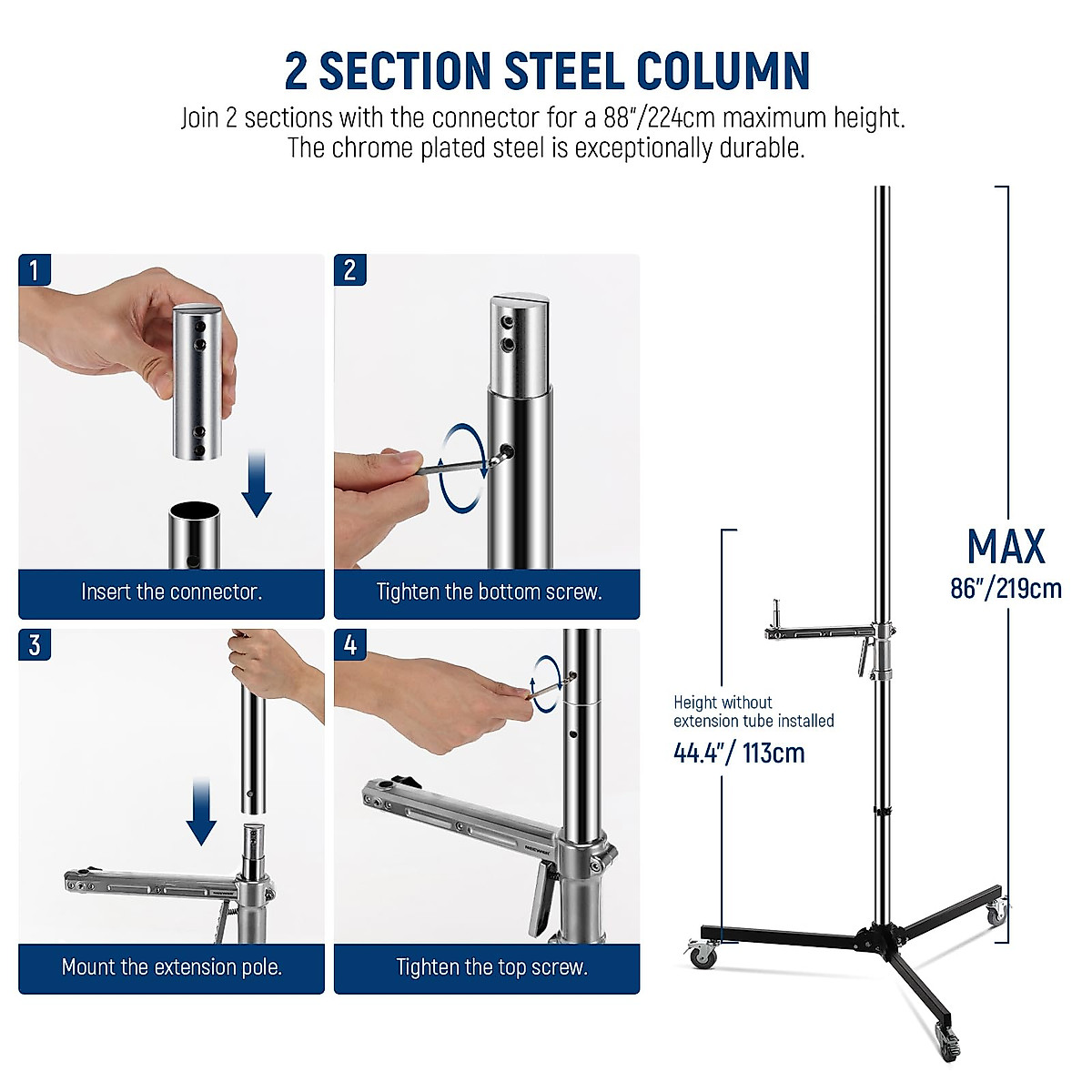 NEEWER 88"/224cm Light Stand Stainless Steel Heavy Duty with Pistol Grip, Sliding Arm, Detachable Caster, Folding Leg, 1/4" 5/8" Spigot, Photography Flash/Ring Light Stand, Max Load 22lb/10kg, ST003