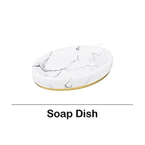 5-Piece Bathroom Counter Top Accessory Set - Dispenser for Liquid Soap or Lotion, Soap Dish, Toothbrush Holder and 2 Tumblers, Gold Base, Marble Pattern Resin (White)