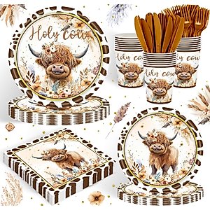 120PCS Boho Highland Cow Party Supplies for Boys girls Holy Cow Highland Themed Baby Shower Birthday Party Decorations Disposable Tableware Set Plates Napkins Cups Set for 20 Guests