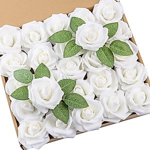 DuHouse 25Pcs Artificial Roses Flowers Fake Roses with Stems Real Touch Foam Flowers for DIY Wedding Bouquet Baby Shower Centerpiece Floral Arrangement Party Home Decor(White)