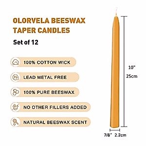 olorvela Beeswax Candles 12Pack 10" Taper Candles Handmade Candle Sticks 100% Pure Beeswax Smokeless and Dripless Beeswax Tapered Candles (Yellow)