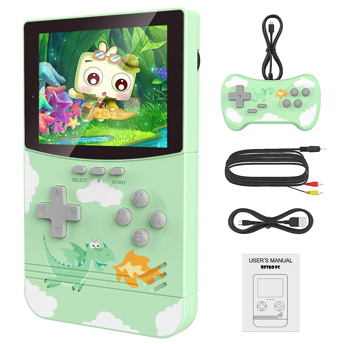 Aibrisk Dinosaur Retro Handheld Game Console with 500 Classic FC Games, 3.0 inches HD Screen Portable 1020mAh Battery Rechargeable Video, Support TV & Two Players Present for Kids & Adults (Green)