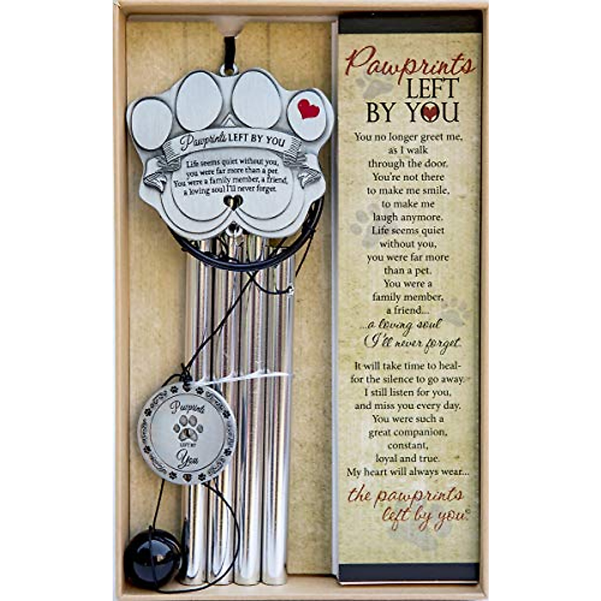 Pet Memorial Wind Chime - 18" Metal Casted Pawprint Wind Chime - A Beautiful Remembrance Gift for a Grieving Pet Owner - Includes Pawprints Left by You Poem Card