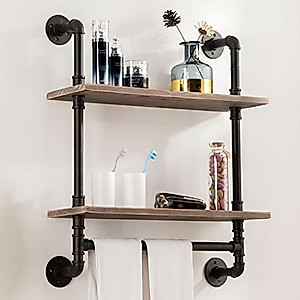 ROGMARS Industrial Pipe Shelving,Iron Pipe Shelves Industrial Bathroom Shelves with Towel bar,24 in Rustic Metal Pipe Floating Shelves Pipe Wall Shelf,2 Tier Industrial Shelf Wall Mounted with Hook