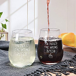 Futtumy Dear Cancer You Picked The Wrong, Stemless Wine Glass for Women Cancer Survivor Ovarian Breast Cancer Survivor Cancer Patient, 15 Oz Wine Glass With Cancer Awareness Sayings
