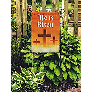 PAMBO He is Risen Religious Easter Garden Flags Burlap Vertical Double Sided, Cross Yard Outside Decoration 12x18 Inch