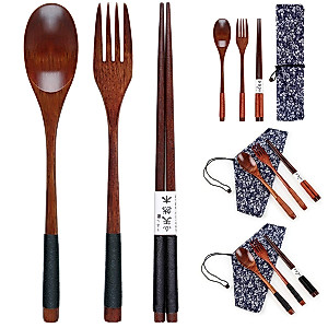 Wooden Chopsticks Spoon Fork Set Japanese Style Tableware Travel Utensils with Pouch for Camping,Picnic,Office or Home (Style A)