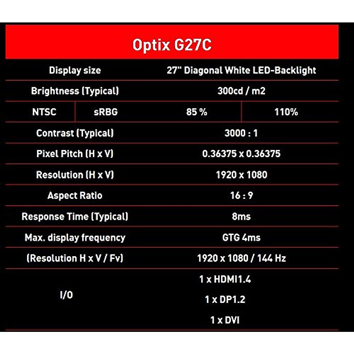 MSI Gaming Monitor 27" Curved non-Glare LED Wide Screen 1920 x 1080 144Hz Refresh Rate (Optix G27C)