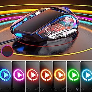 Silent Gaming Mice Mice Portable PC Silent Wired RGB Gaming with 7 Color Backlight PC Computer Gaming Mice for Windows PC Gamers (Black) Mouses Portable Pc Office Pc