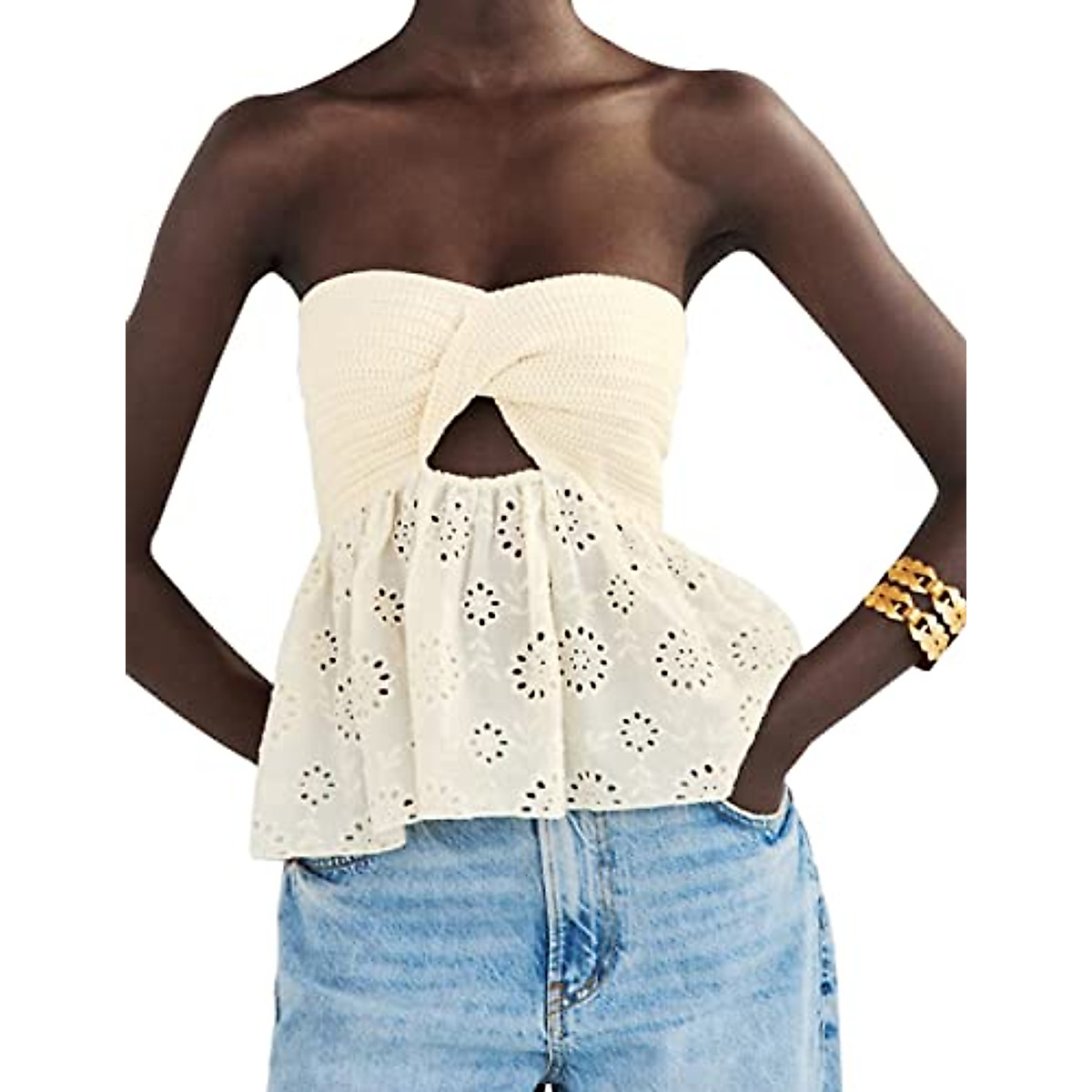 MISSACTIVER Women Twist Knot Knit Bandeau Tube Top Embroidery Strapless Off Shoulder Backless Hollow Crop Tank Corset Top Apricot