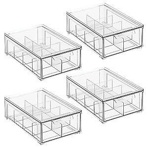 mDesign Plastic Kitchen and Pantry Organizer with Divided Drawer - Stackable Bin with 8 Sections for Tea and Snack Food - Perfect for Organizing Cabinet, Fridge - Lumiere Collection - 4 Pack - Clear