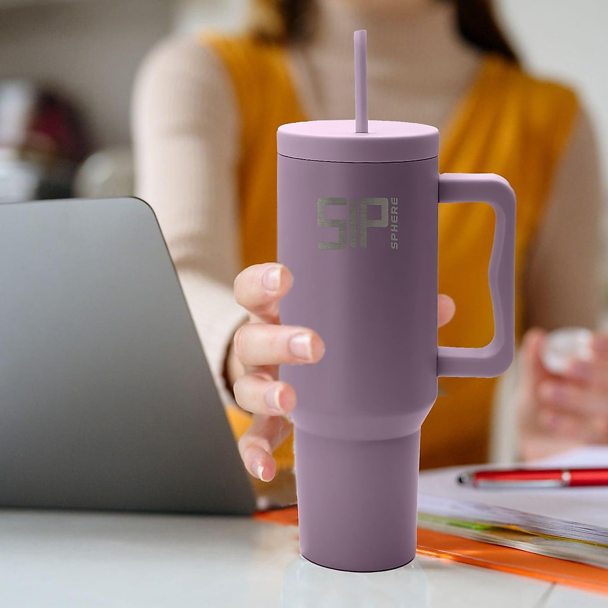 SIP SPHERE Tumbler 40oz Insulated Travel Mug with 2 Straws Double Wall Vacuum Insulated Car Cup Keeps Drinks Hot & Cold (Feather Purple)