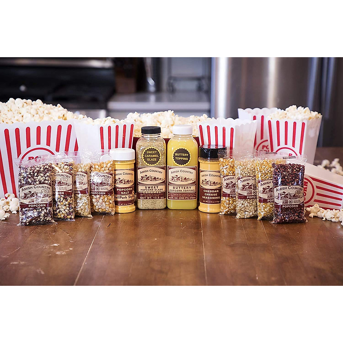 Amish Country Popcorn | 8-4 Ounce Variety Gift Set with Buttery Topping, Sweet Caramel Glaze, Ballpark Salt & Cheddar Cheese Seasoning | Old Fashioned, Non-GMO and Gluten Free