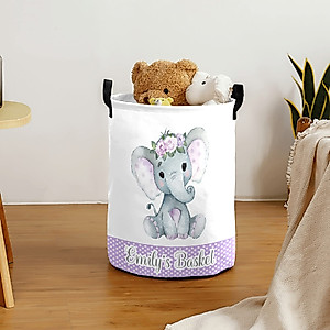 Purple Elephant Personalized Freestanding Laundry Hamper, Custom Waterproof Collapsible Drawstring Basket Storage Bins with Handle for Clothes