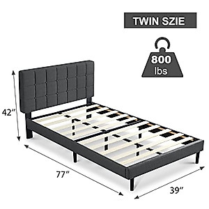 Molblly Twin Bed Frame Upholstered Platform with Headboard and Strong Wooden Slats, Non-Slip and Noise-Free,No Box Spring Needed, Easy Assembly,Dark Gray
