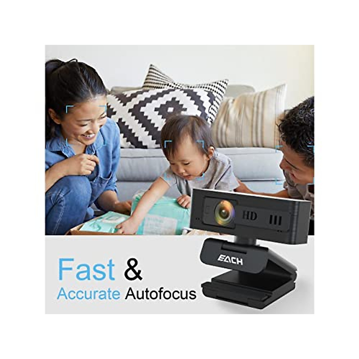 EACH AutoFocus Full HD Webcam 1080P with Privacy Shutter - Pro Web Camera with Dual Digital Microphone - USB Computer Camera for PC Laptop Desktop Mac Video Calling, Conferencing Skype YouTube