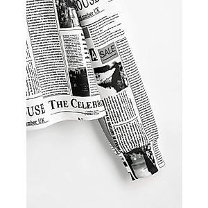WDIRARA Women's Newspaper Print Long Sleeve Drawstring Hoodie Casual Sweatshirts Black and White L