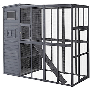 PawHut Outdoor Catio, Cat House Wooden Feral Cat Shelter, Cat Cage with Platforms, Waterproof Asphalt Roof, Ramps, 77" L, Gray