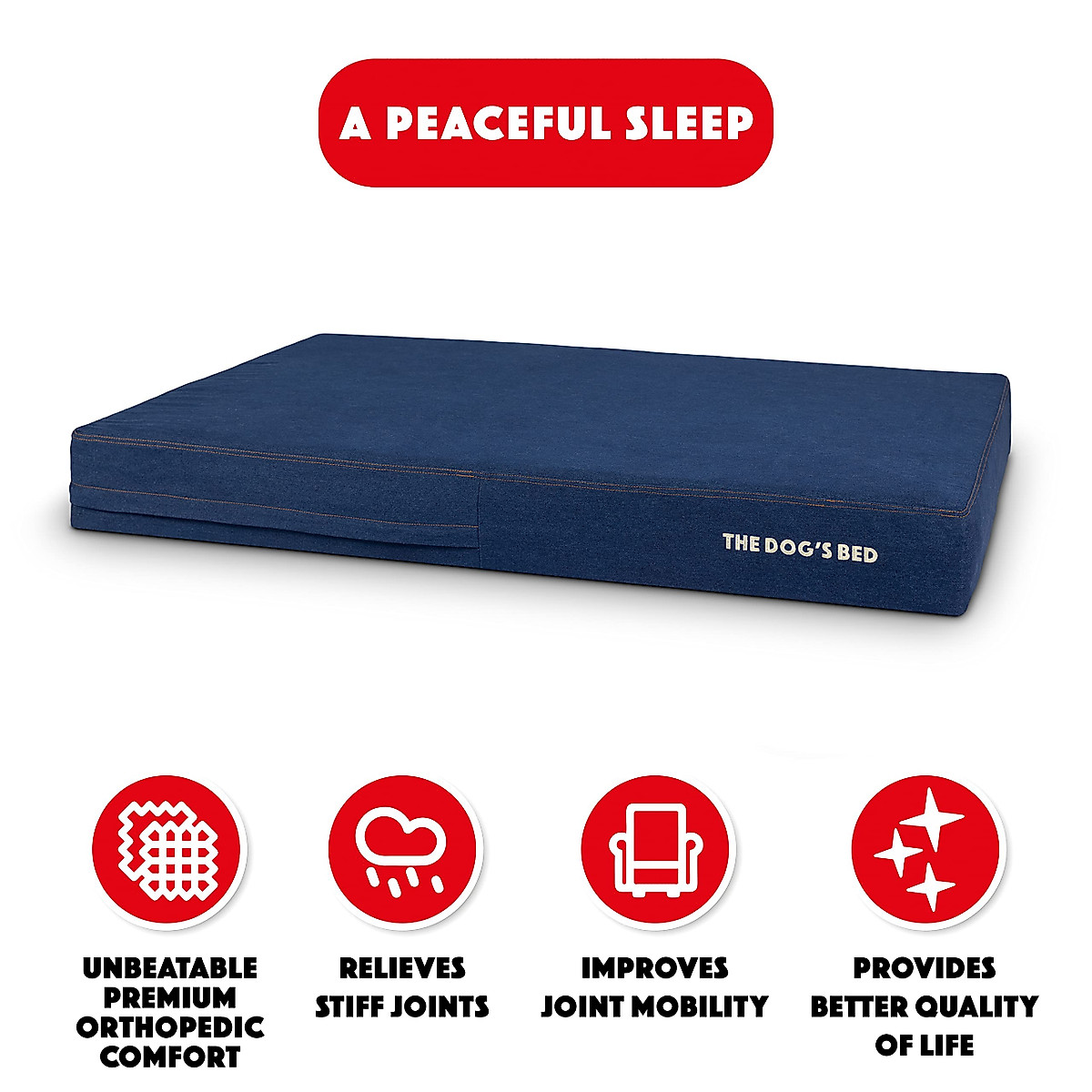 The Dog’s Bed Orthopedic Memory Foam Dog Bed, XXL Blue Denim54x36, Pain Relief for Arthritis, Hip & Elbow Dysplasia, Post Surgery, Lameness, Supportive, Calming, Waterproof Washable Cover