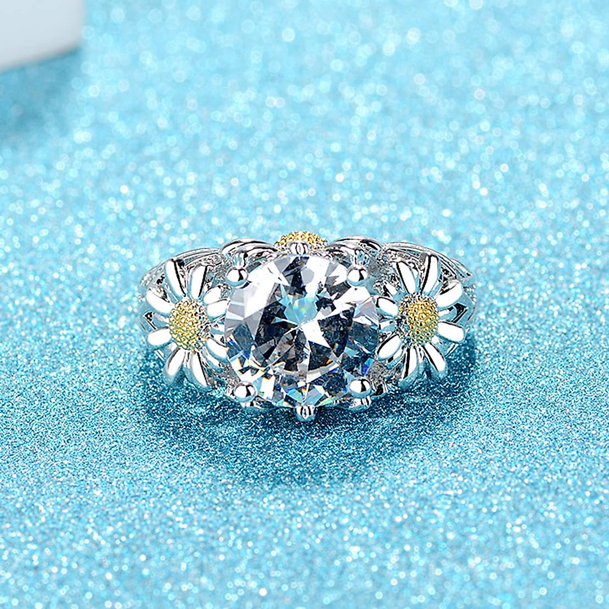 THJEW Womens Round Cut CZ Cubic Zirconia Ring,S925 Sterling Silver Dainty Cute Blooming Daisy Flower Floral Ring Jewelry for Women (Ring_C, 6)