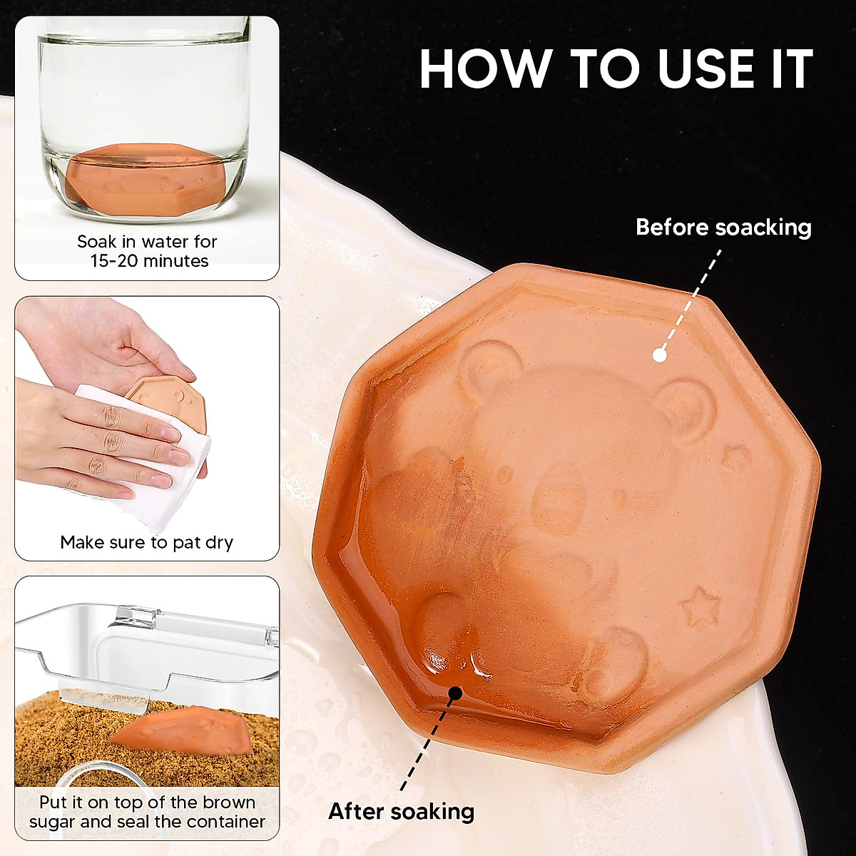 MOJIEZUO 6 Pack Brown Sugar Keeper Bear Design Brown Sugar Saver Softener Disc, Airtight Storage Container with Lid Food Storage Containers, Slip-to-Scoop for Sugar Dusting, Reusable and Food Safe