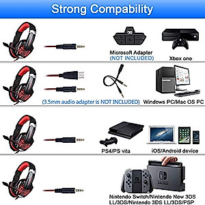 BlueFire Stereo Gaming Headset for PS4, PS5, PC, Xbox One, Noise Cancelling Over Ear Headphones with Mic, LED Light, Bass Surround, Soft Memory Earmuffs for Laptop Nintendo Switch (Black-Red)